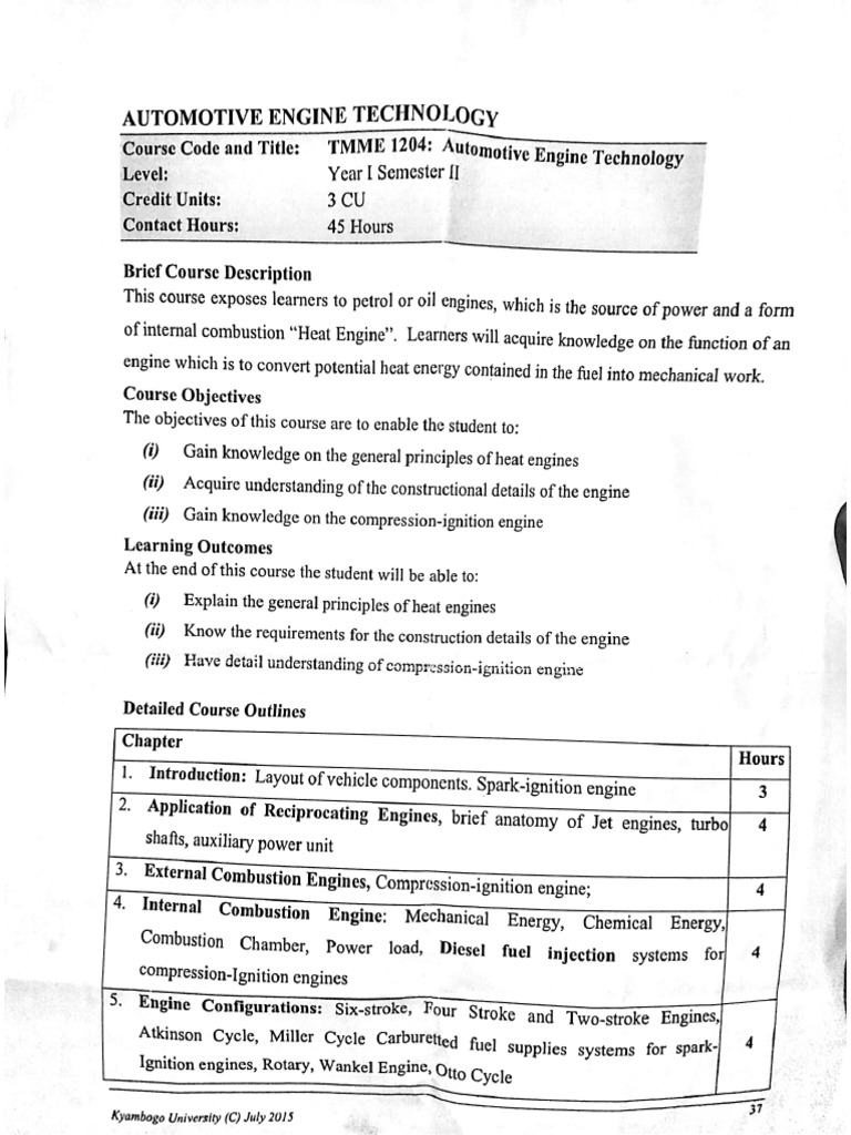 Automotive Engine Technology Course Outline | PDF