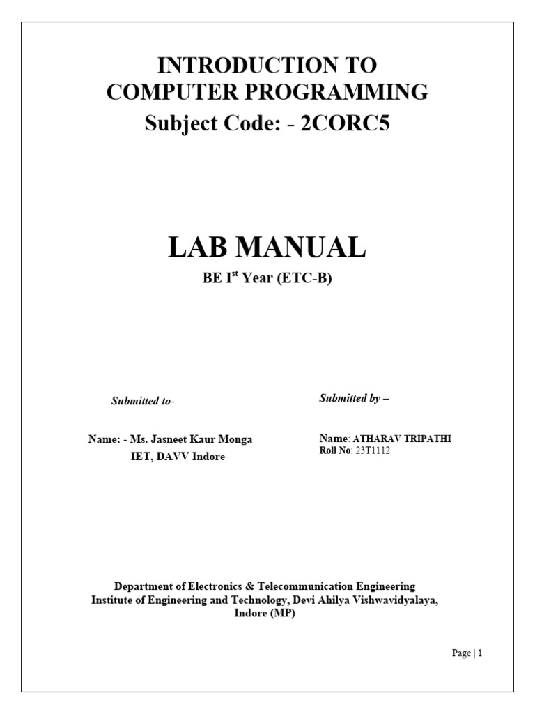Lab Manual: Introduction To Computer Programming Subject Code: - 2CORC5 | Download Free PDF ...