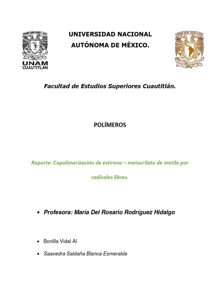 Reporte Copolimerización de ST MMA Por Radicales Libres. | PDF ...
