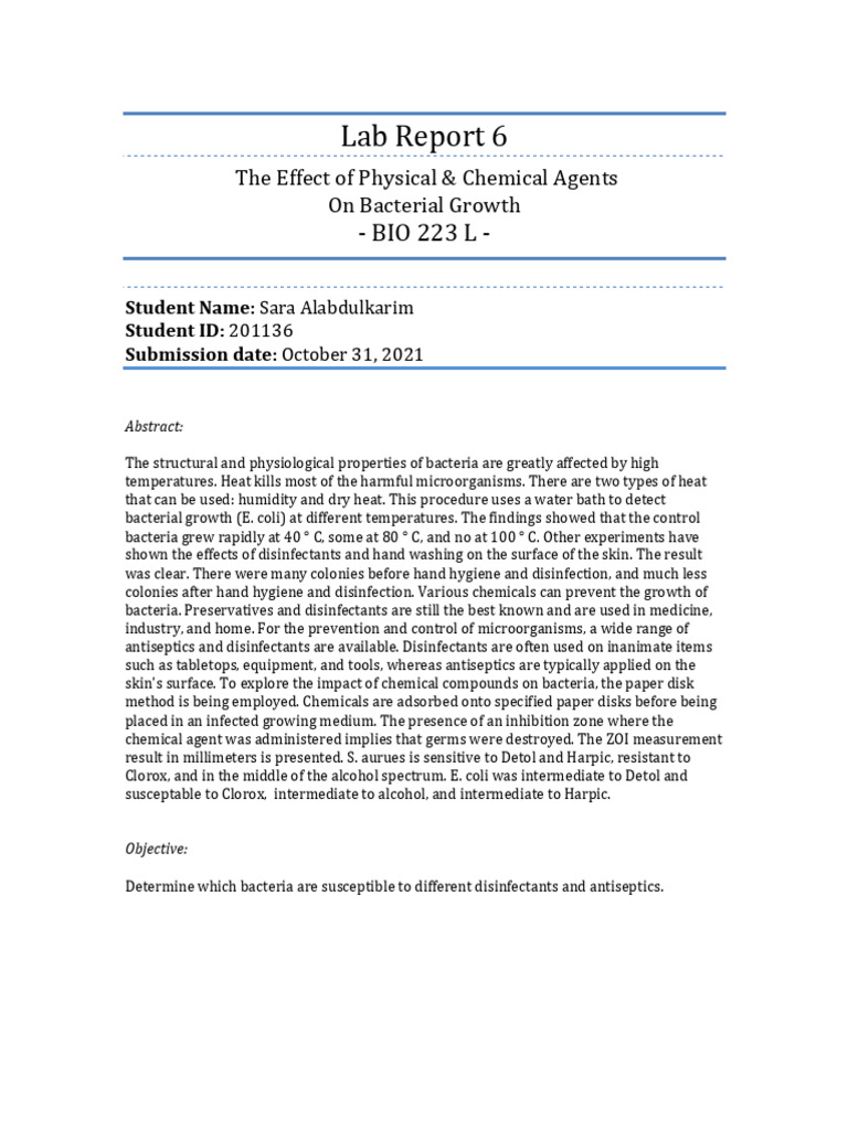 Lab Report 6 | PDF | Disinfectant | Microorganism