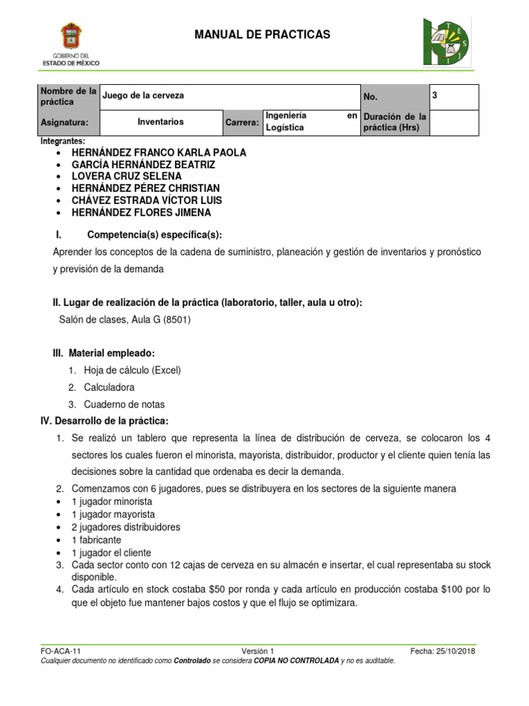 FO-ACA-11 Manual de Prácticas Ver 1 JUEGO DE LA CERVEZA - Docx - 112035 | PDF | Al por menor ...