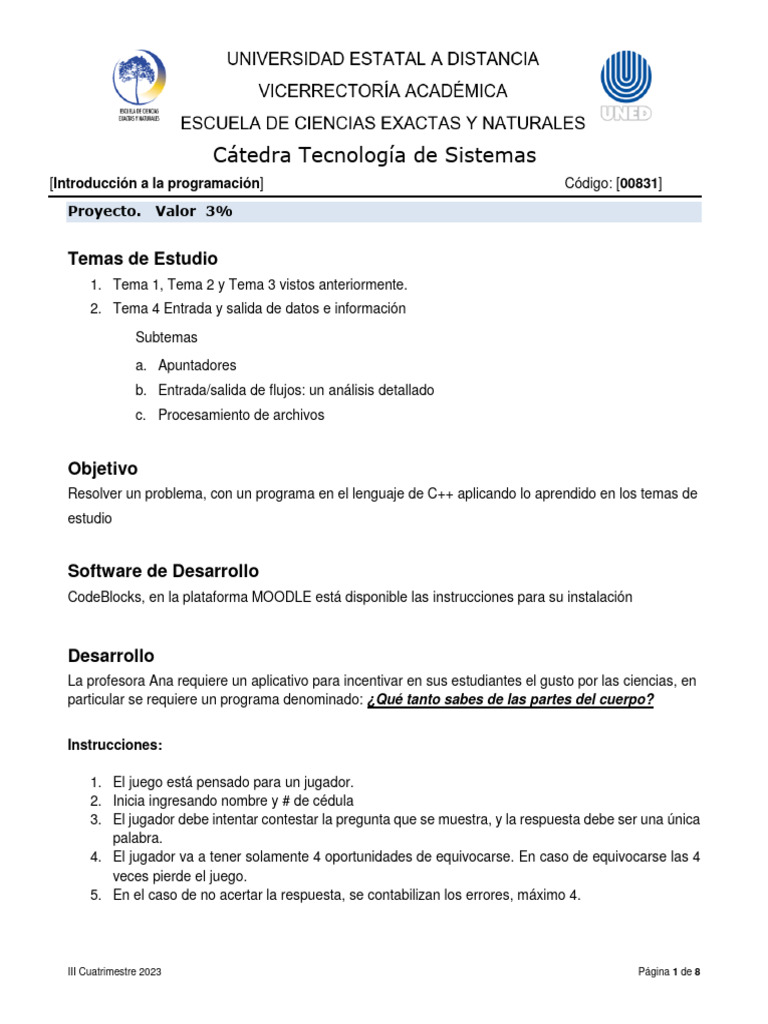 Proyecto #2 Programdo 00831 UNED | PDF | Cara | Programación de ...