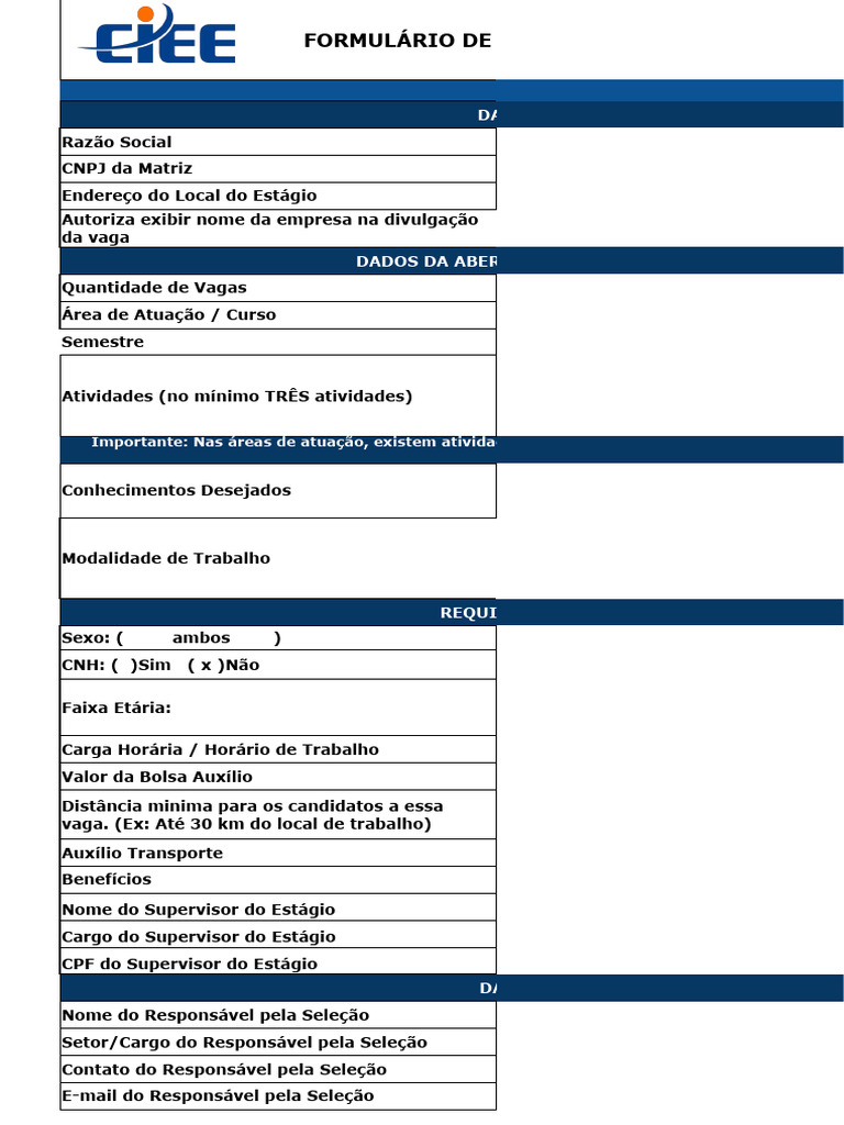 OFICIAL Formulário de Abertura de Vaga Estágio - Versão - Agosto 2023 | PDF
