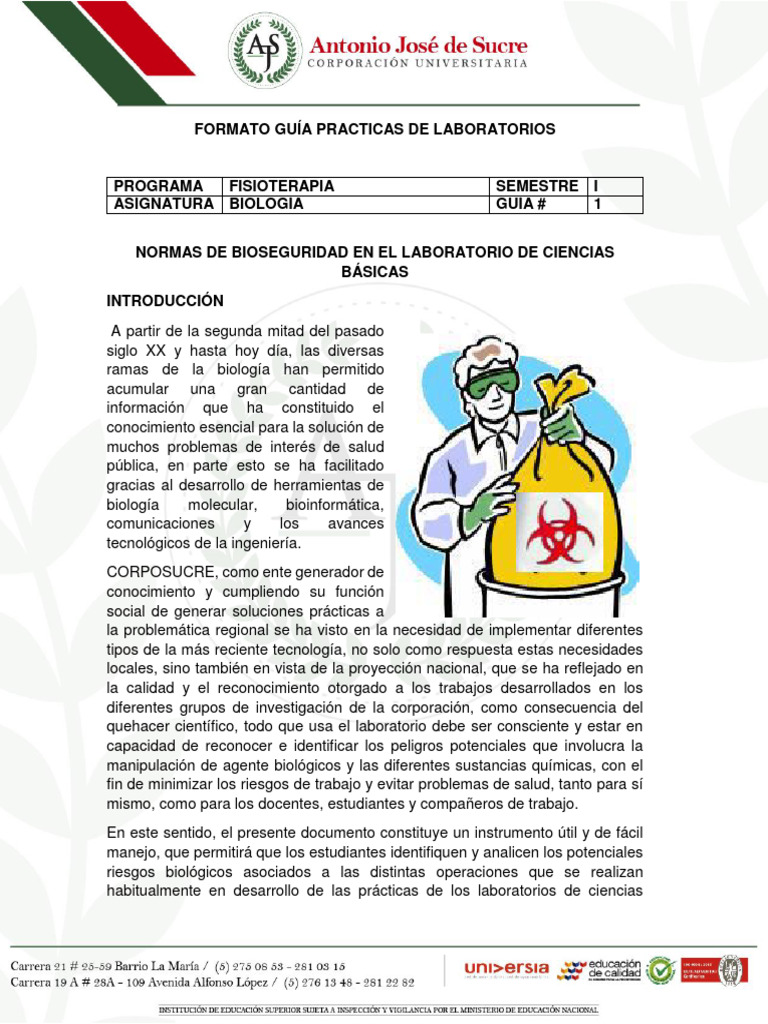 GUÍA 1 NORMAS BIOSEGURIDAD LABORATORIO CIENCIAS BÁSICAS | PDF | Laboratorios | Residuos