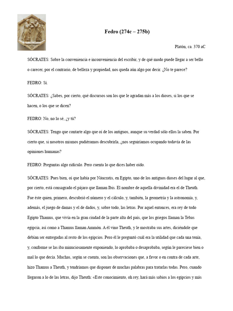 Platón - Mito de Theuth y Thamus | PDF | Platón