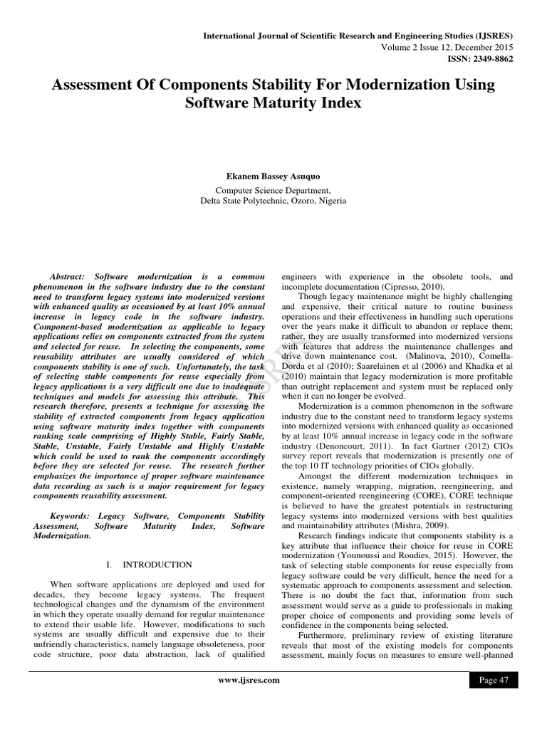 Assessment of Components Stability for Modernization using Software Maturity Index | PDF ...
