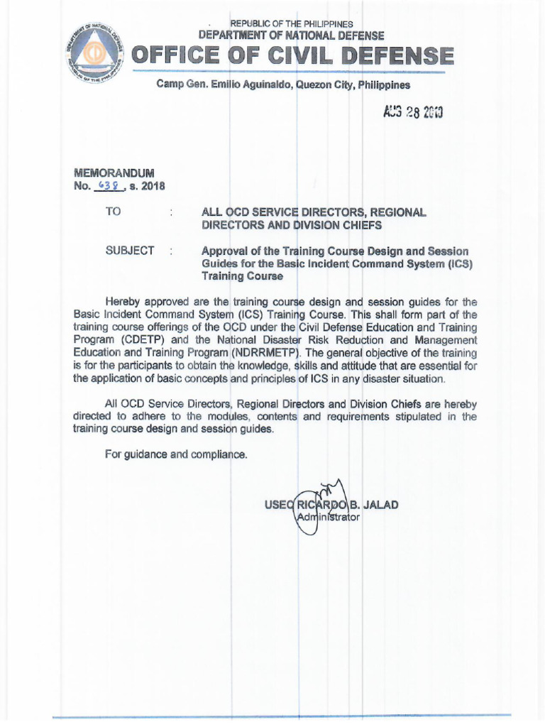 OCD Memo 638 S 2018 Approval of Basic ICS Training Course Design | PDF