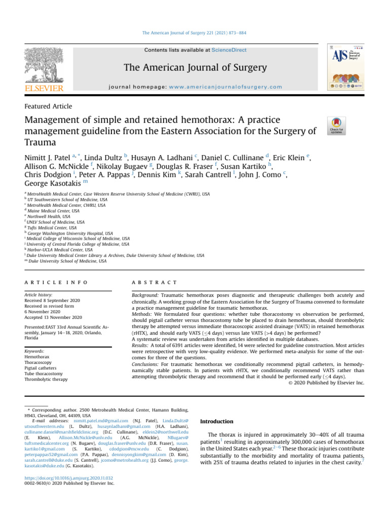 Management of Simple and Retained Hemothorax | PDF | Systematic Review ...