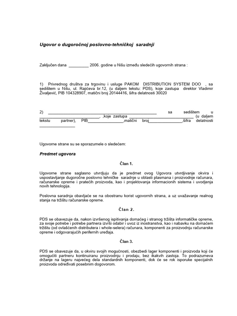 Ugovor o Poslovno Tehnickoj Saradnji Sa Dilerima (Partnerima) | PDF