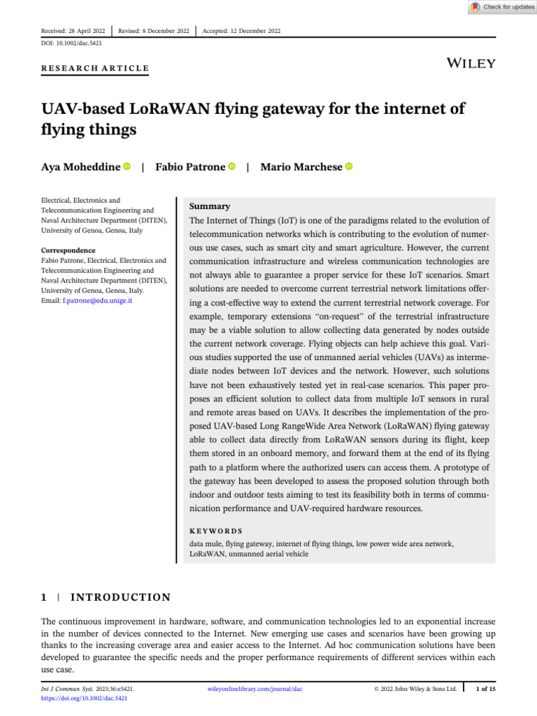 Int J Communication - 2022 - Moheddine - UAV Based LoRaWAN Flying Gateway For The Internet of ...