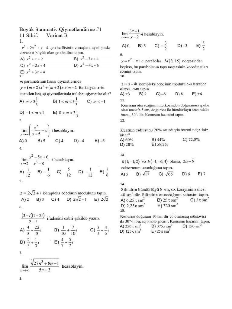 11 Sinif Riy BSQ#1 Var B | PDF
