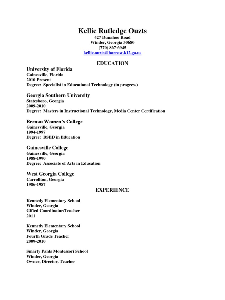 Kellie Rutledge Ouzts CV | PDF | Teachers | Sharing