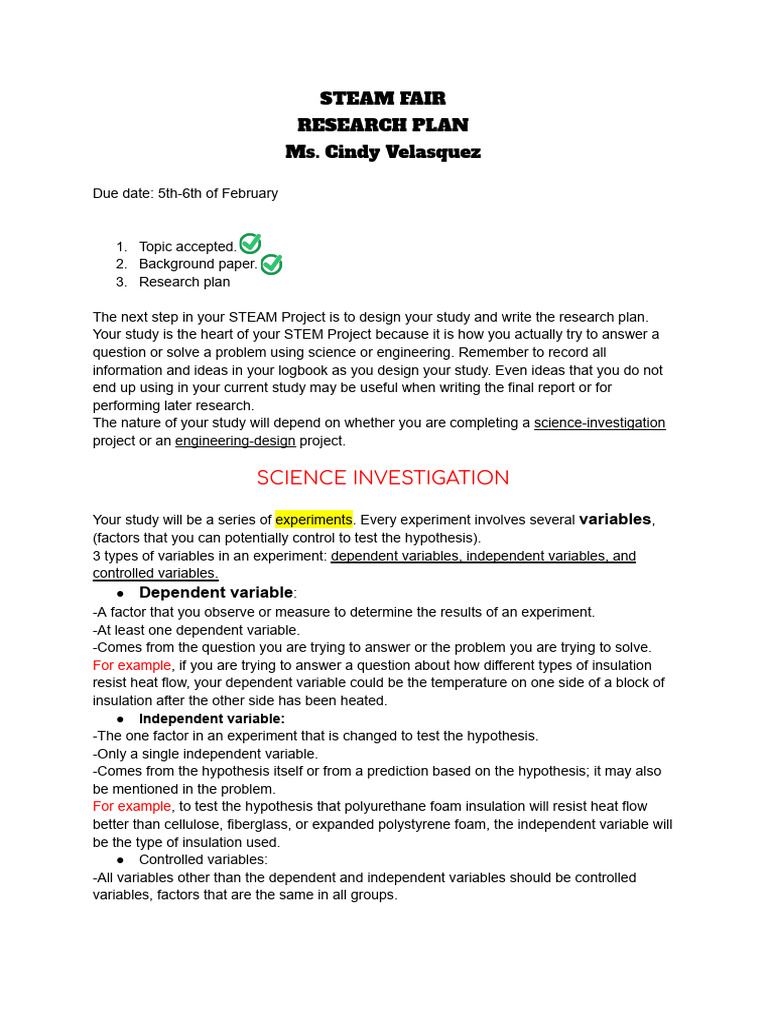 STEAM Fair Research Plan Guide | PDF | Prototype | Experiment