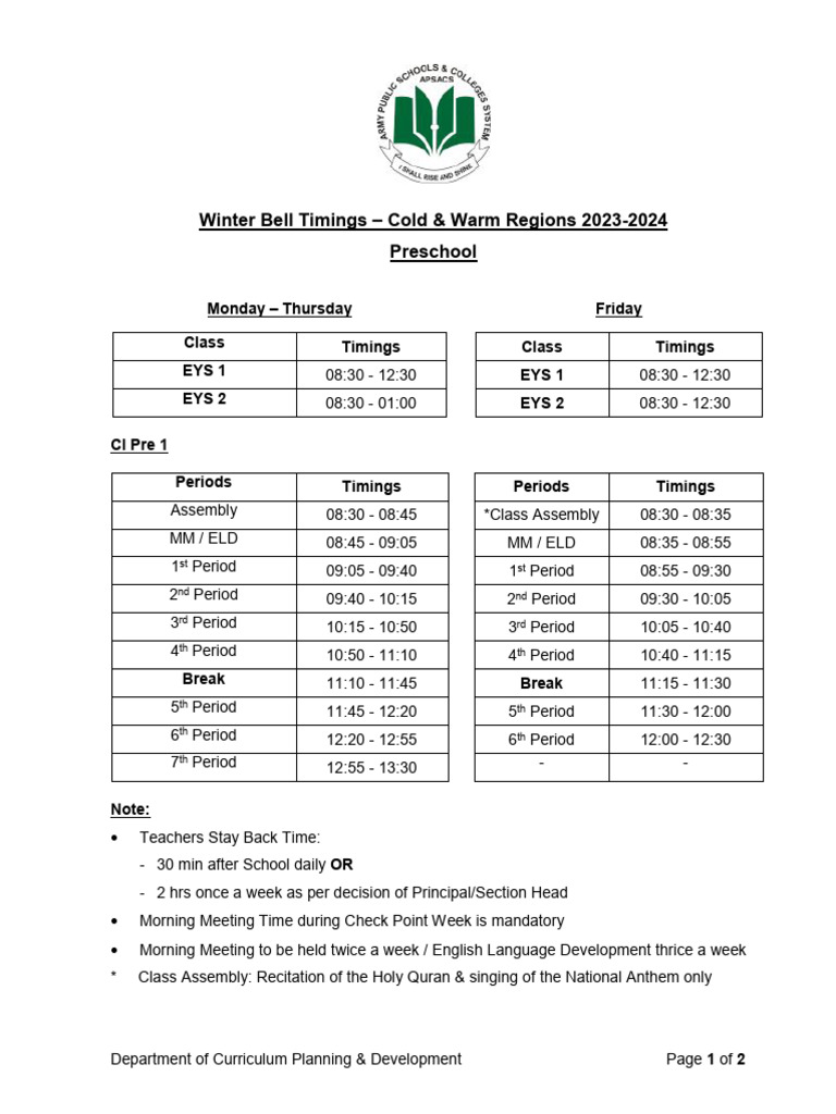 Winter-Timings-Classess-Preschool-XII-Cold-Warm-Region-2023-2024-dated-11-Oct-2023 (1) | PDF