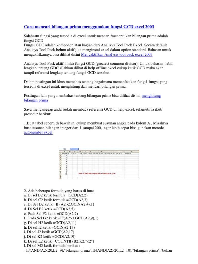 Cara Mencari Bilangan Prima Menggunakan Fungsi GCD Excel 2003 | PDF