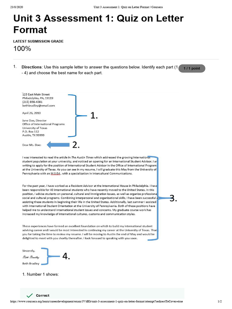 Unit 3 Assessment 1_ Quiz on Letter Format _ Coursera | PDF