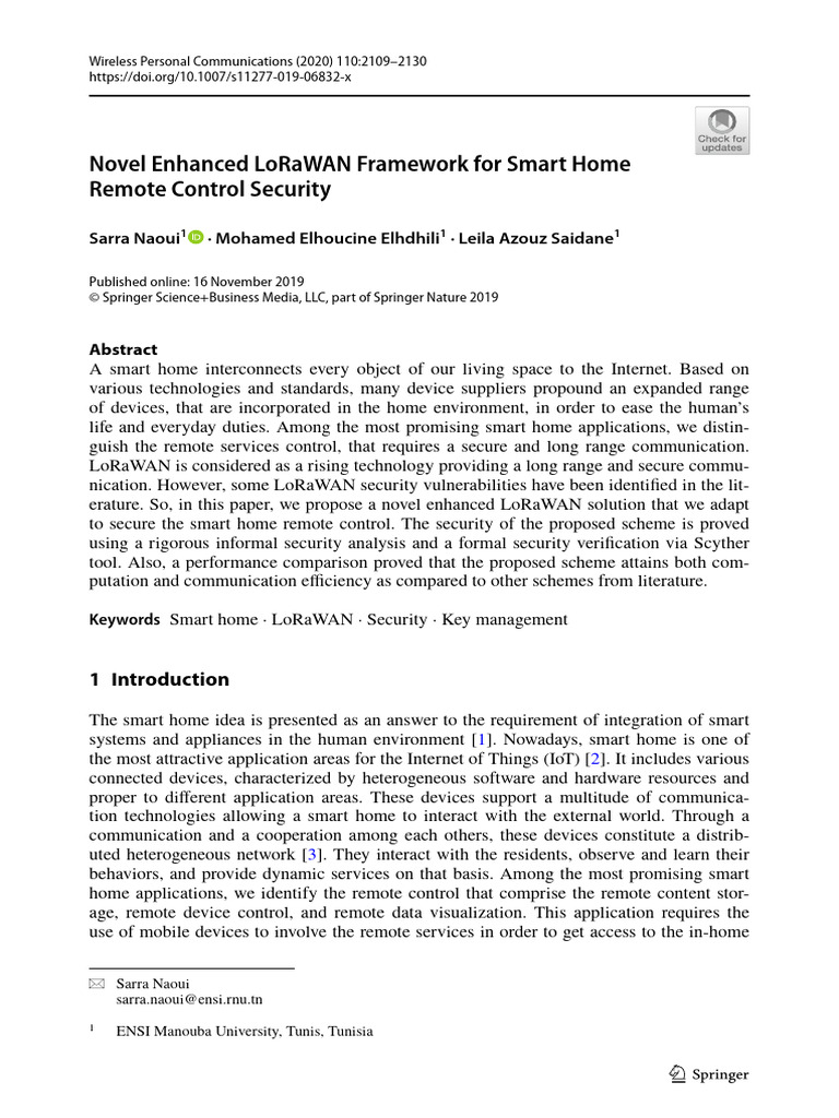 Novel Enhanced LoRaWAN Framework For Smart Home Remote Control Security | PDF | Encryption ...
