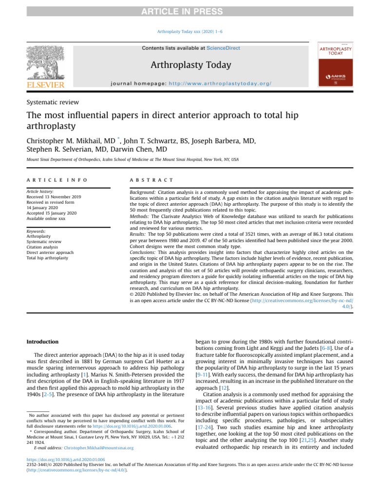 2020. Elsevier. the Most Influential Papers in Direct Anterior Approach ...