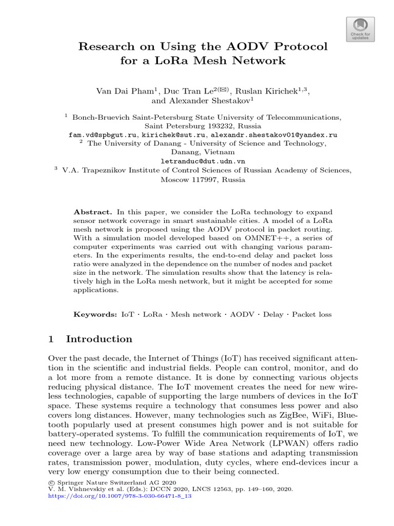 Research On Using The Aodv Protocol For A Lora Mesh Network Pdf