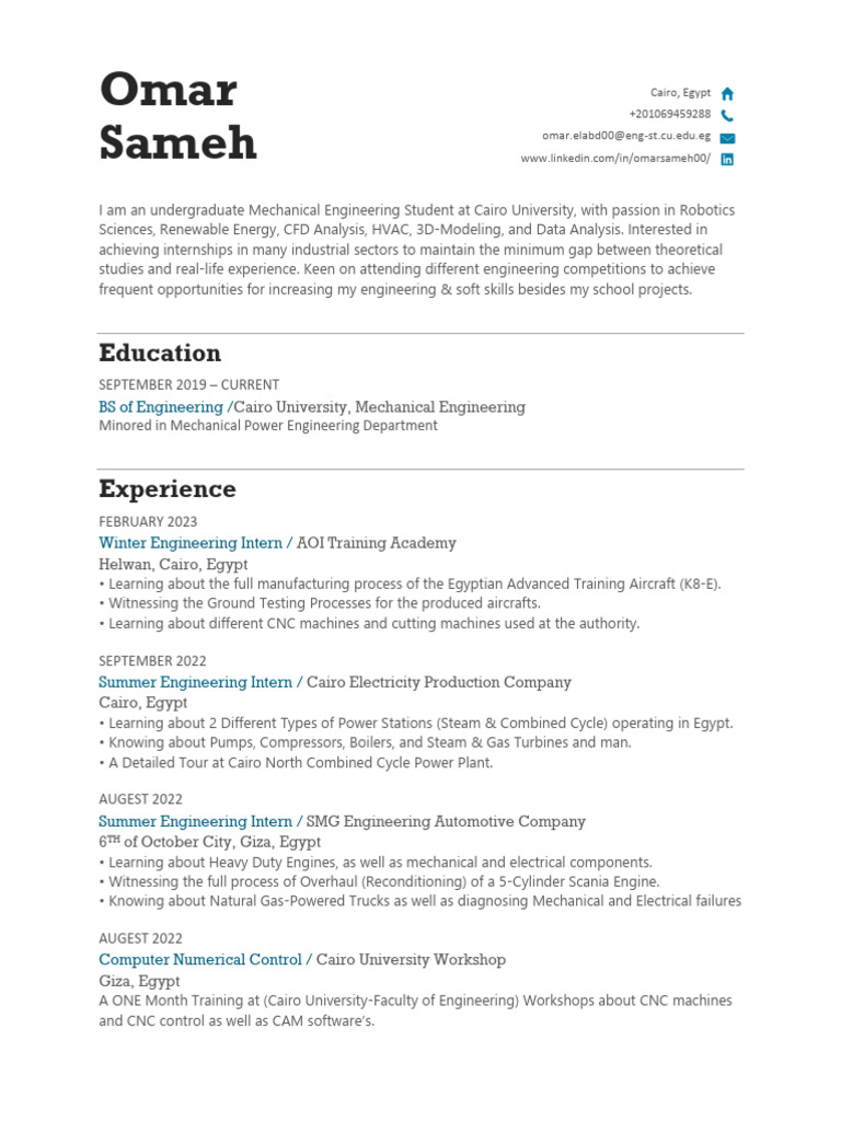 Omar Sameh - CV | PDF | Engineering | Mechanical Engineering