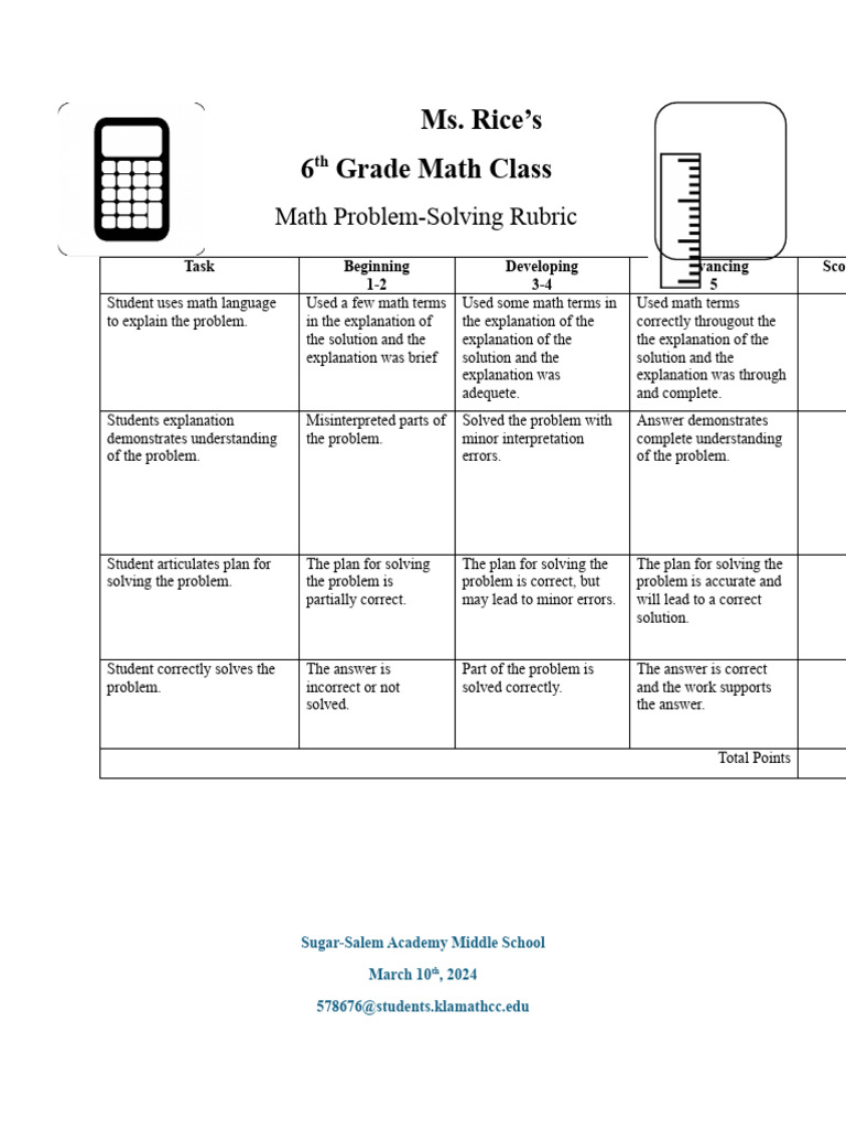 3-10-24 6th Grade Math Rubric | PDF