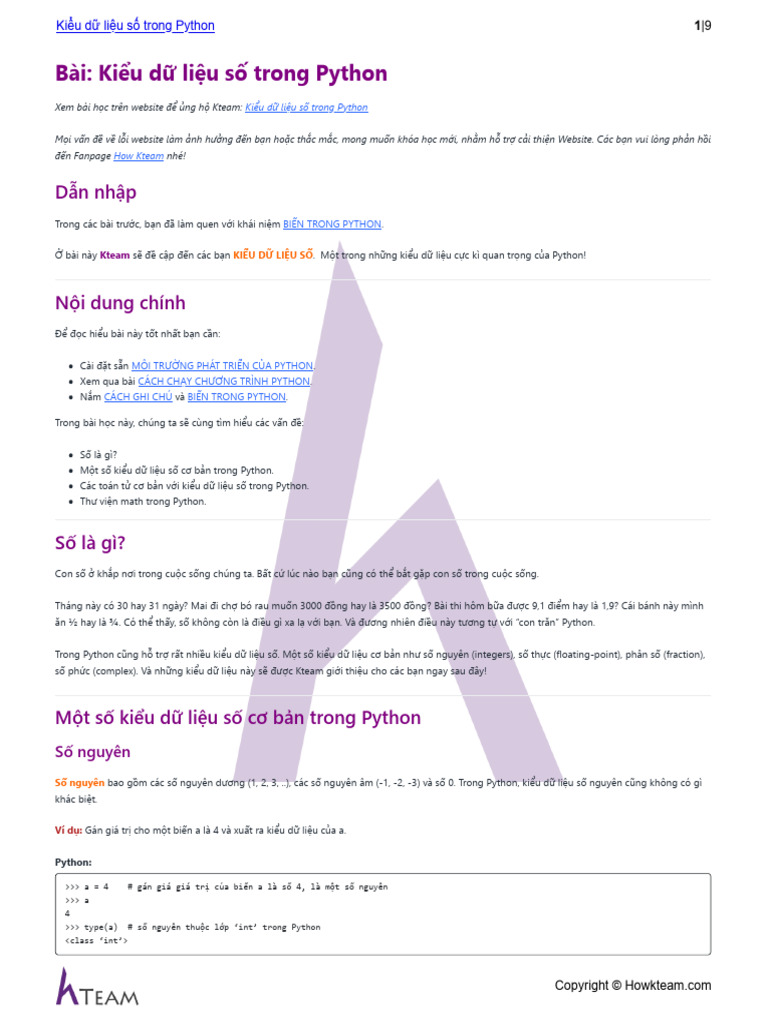 HOWKTEAM.vn - Kiểu Dữ Liệu Số Trong Python | PDF