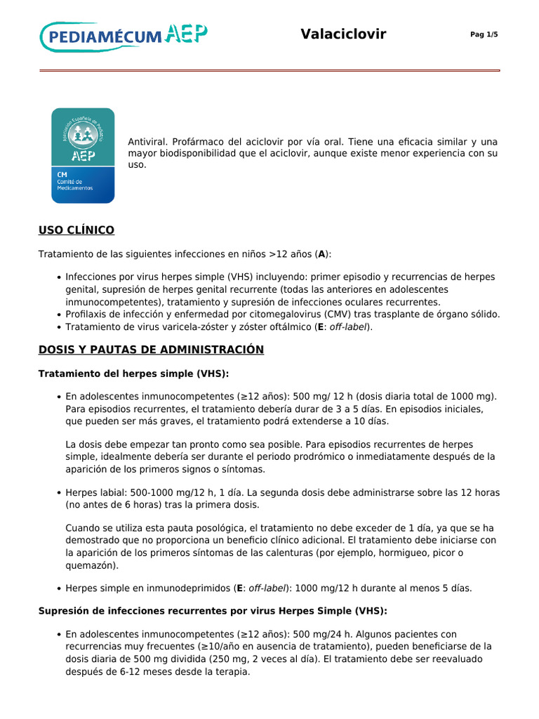 Valaciclovir Pediamecum AEP | PDF | Herpes Simple | Ciencias de la Salud