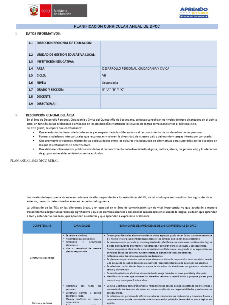 Programacion Anual DPCC Rural 5° Sec | PDF