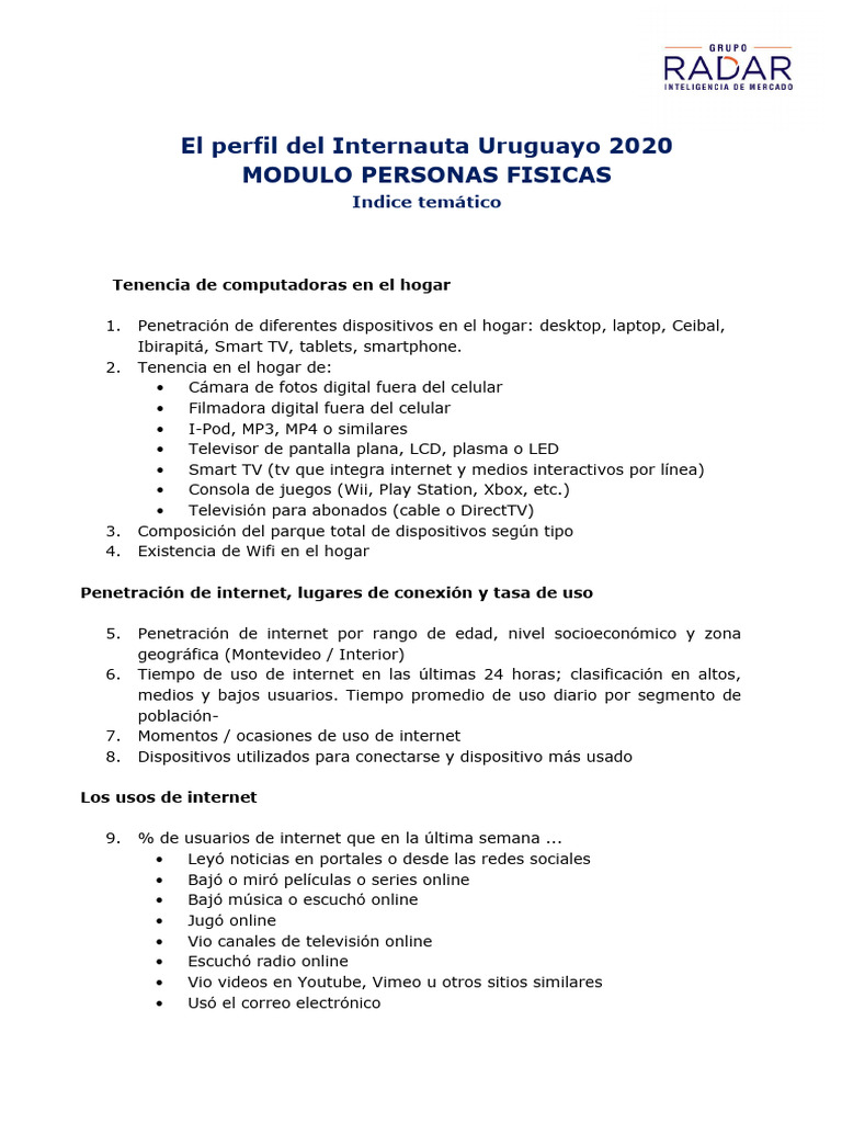 Indice Temático Del Perfil Del Internauta Uruguayo 2020 - MODULO ...