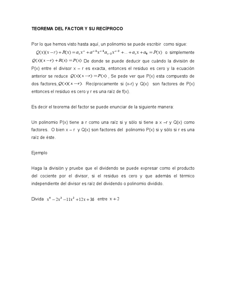 Teorema del Factor y Ejemplos | PDF | División (Matemáticas ...