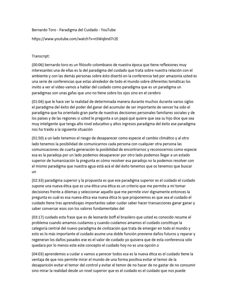 Paradigma del Cuidado según Bernardo Toro | PDF | Crecimiento personal y profesional ...