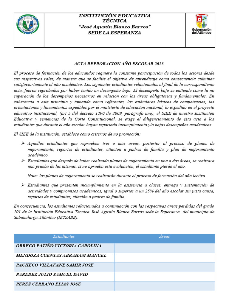 Acta Reprobacion Año Escolar ERNESTINA | PDF