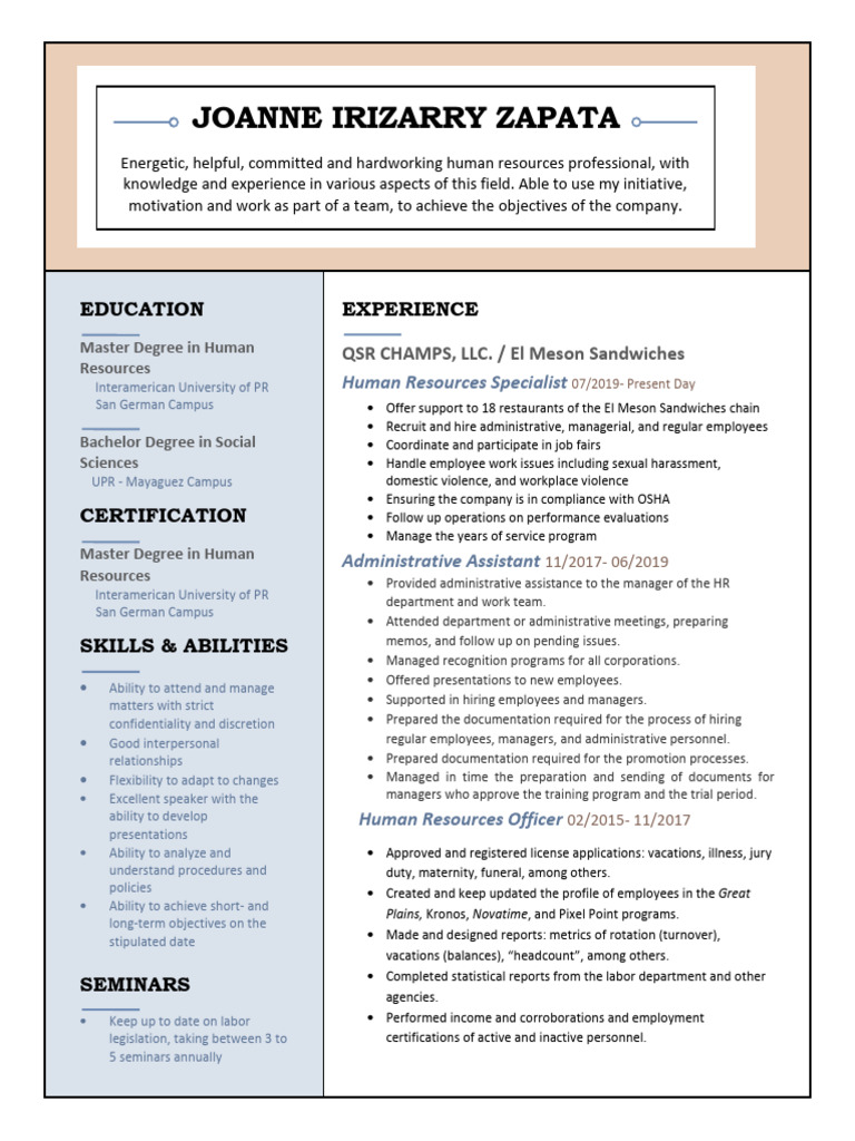 RESUMÉ 2022 - Joanne Irizarry Zapata | PDF | Human Resources | Employment