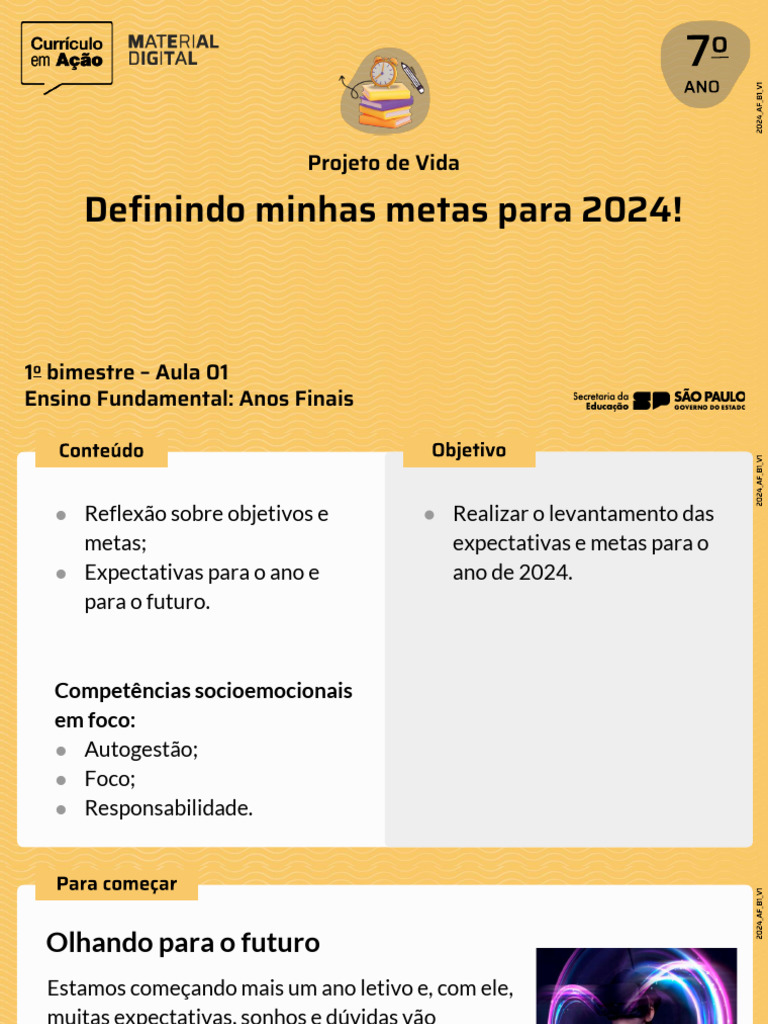 Projeto de Vida - Aula 1 - Definindo as minhas metas para 2024! | PDF ...