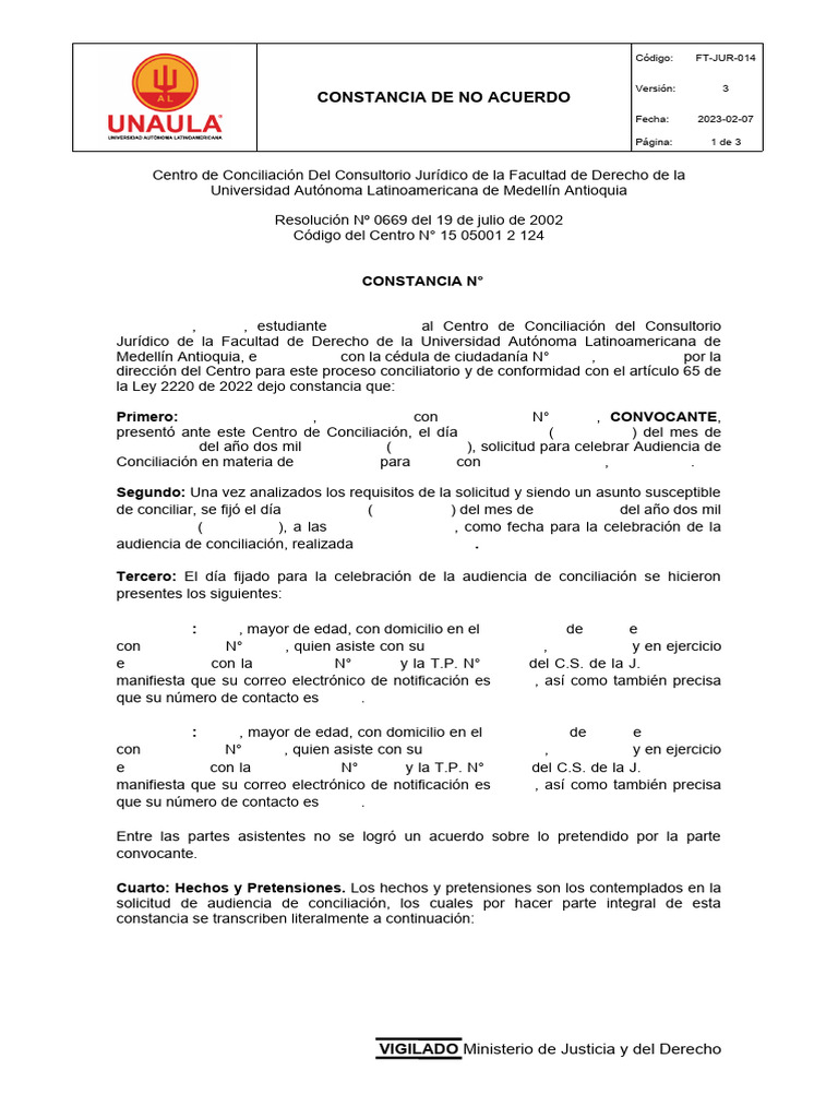 FT-JUR-014 Constancia de No Acuerdo | PDF | Gobierno | Justicia