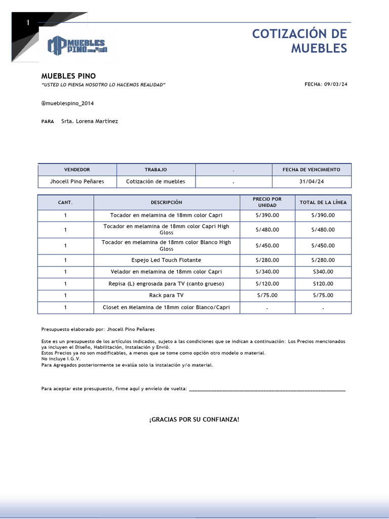 COTIZACIÓN DE MUEBLES Lorena Martinez | PDF
