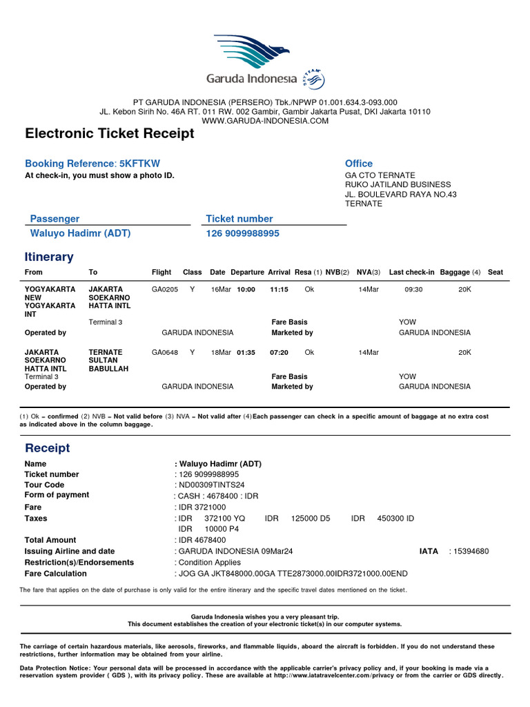 Garuda Indonesia Electronic Ticket Receipt | PDF | Aviation | Transport
