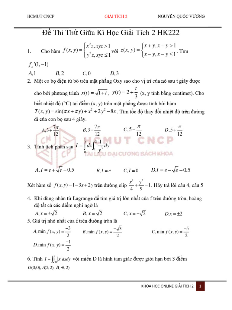 Bản sao của Đề thi thử GK giải tích 2 hk222 | PDF