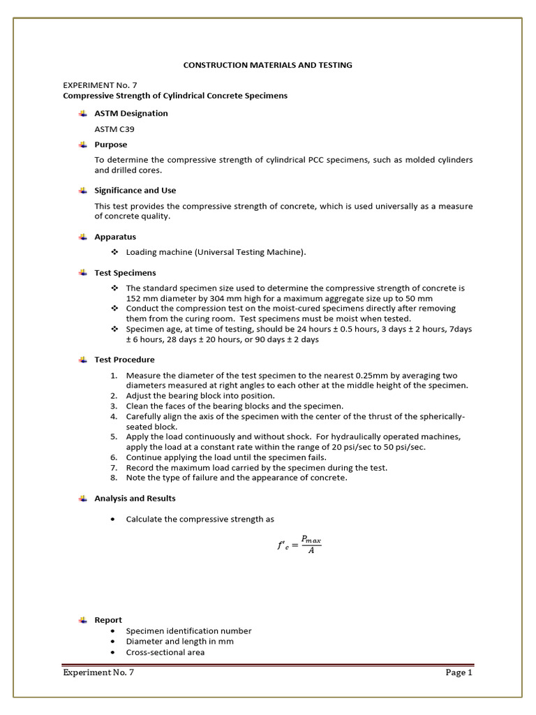 Experiment No.7 Compressive Strength of Cylindrical Concrete Specimens | PDF | Science ...