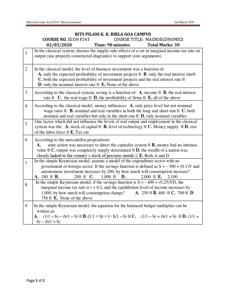 Econ F243 - Q | PDF | Keynesian Economics | Consumption (Economics)