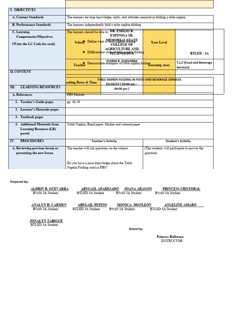 Table Napkin Folds Lesson Plan Prof Ed7 Pdf Learning Teachers