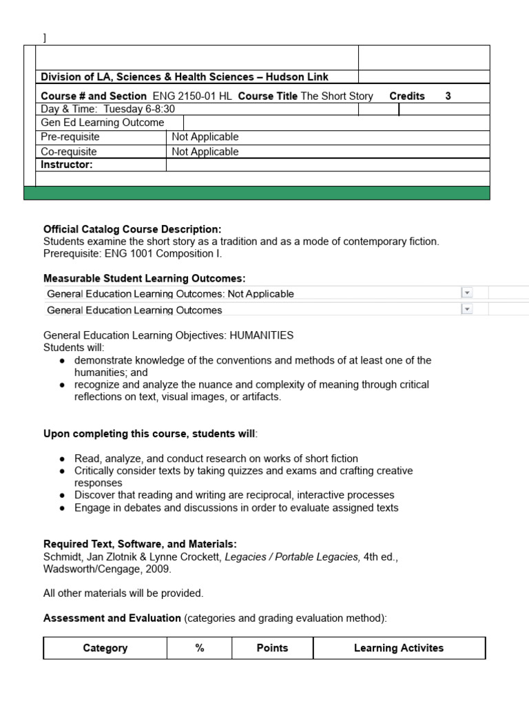 Eng 2150 01 HL Short Story Course Outline Hudsonlink | PDF | Textbook ...