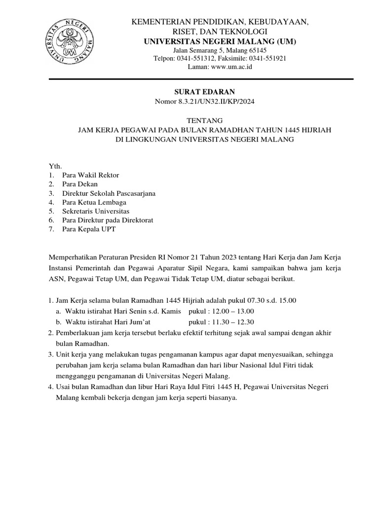 Surat Edaran Jam Kerja Pada Bulan Ramadhan 1445H | PDF