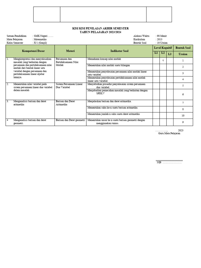 Kisi-Kisi PAS MTK Wajib X | PDF