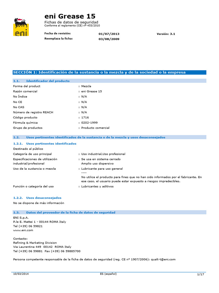 MSDS-eni-Grease-15_1716_3.1_ES | PDF | Toxicología | Química