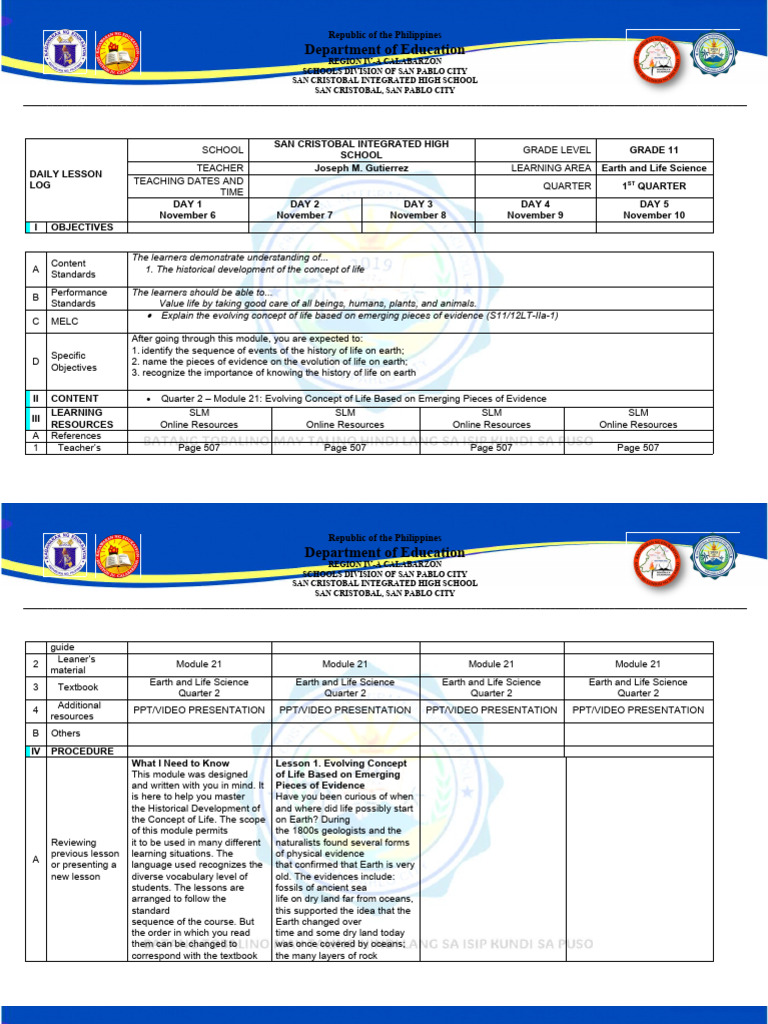 DLL For SHS 7e's EALS 2nd w1 | PDF | Cell (Biology) | Life