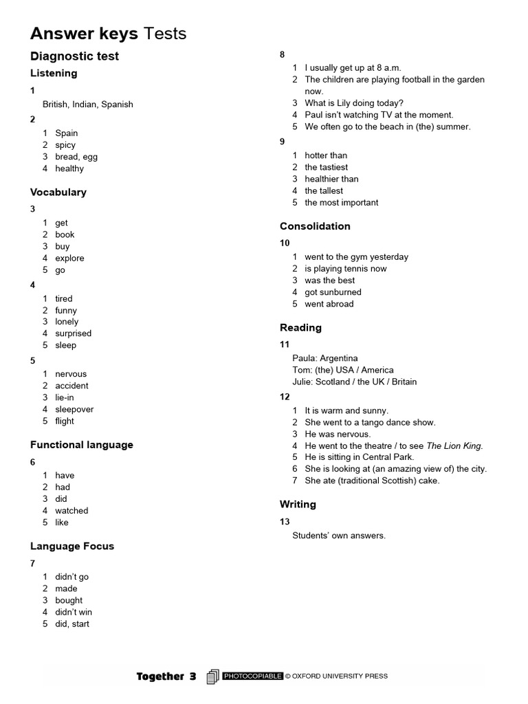 Answer Keys for Diagnostic Tests | PDF