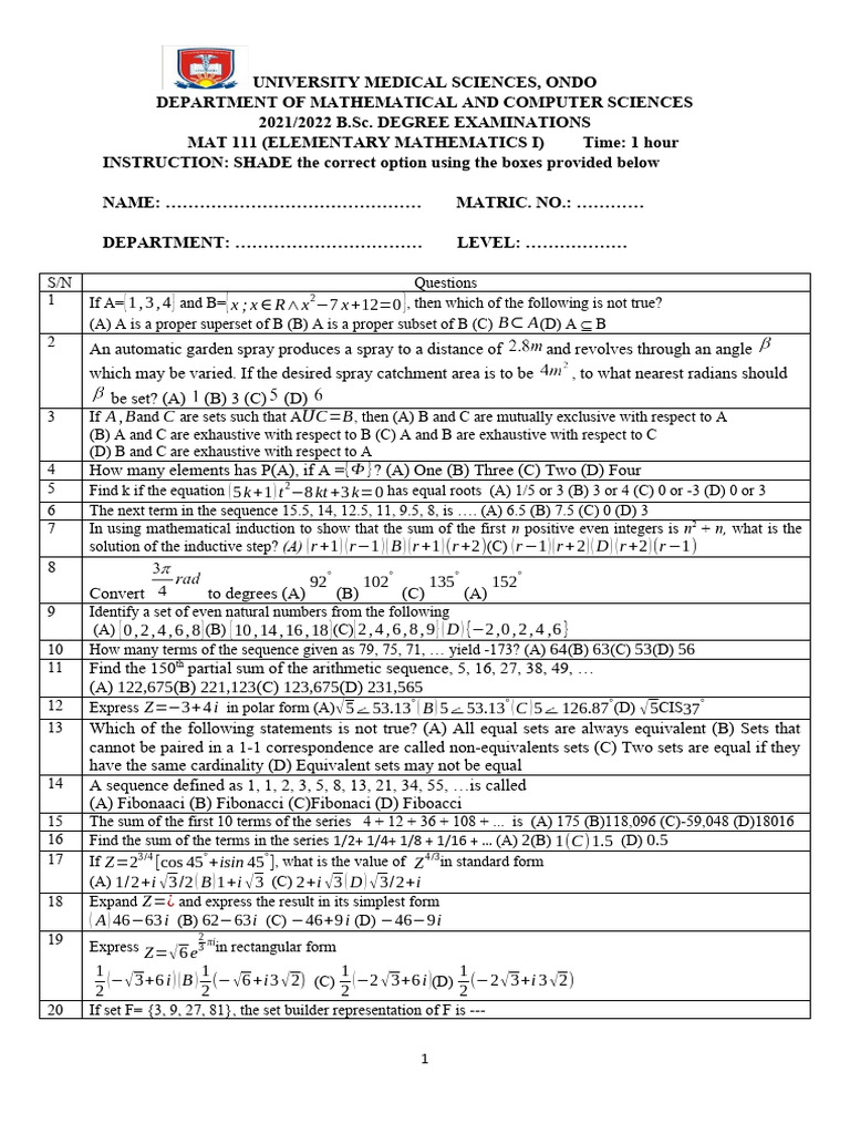 MAT 111 2021_2022 EXAM-1 | PDF | Mathematical Objects | Arithmetic