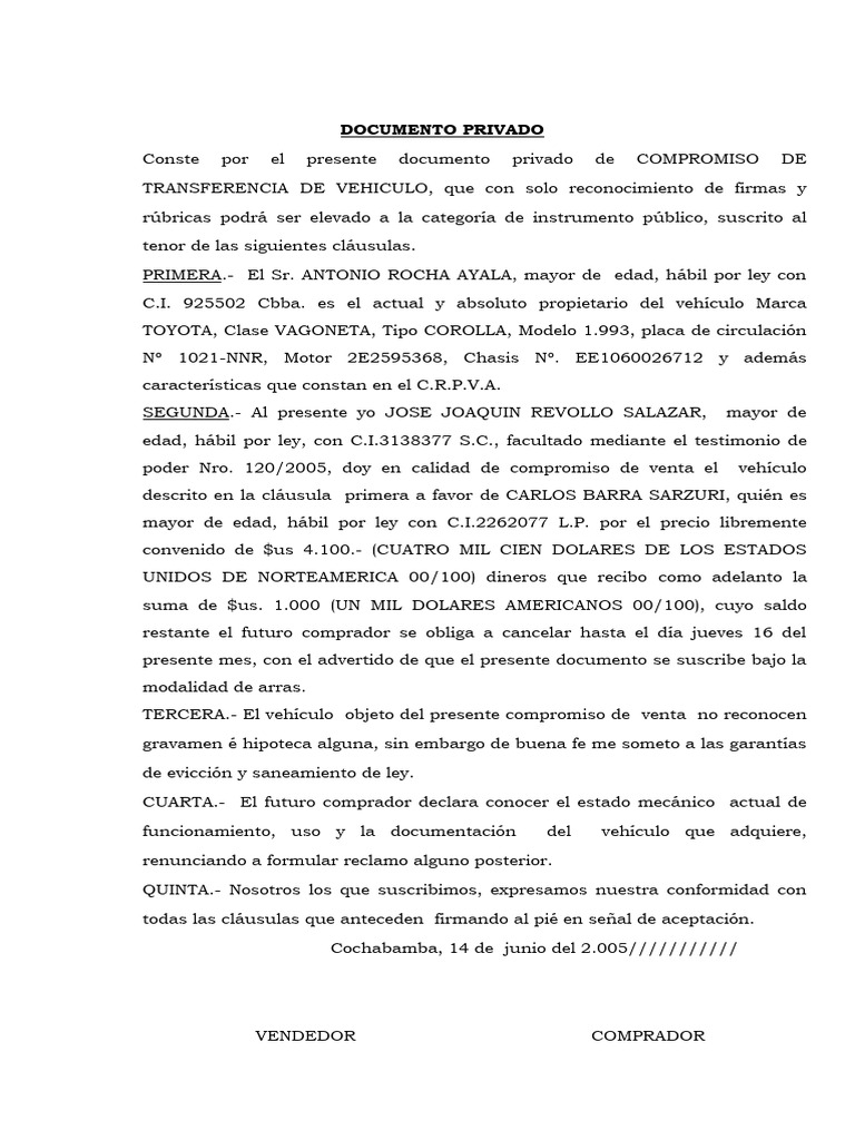 Compromiso Venta Vehiculo Con Poder | PDF