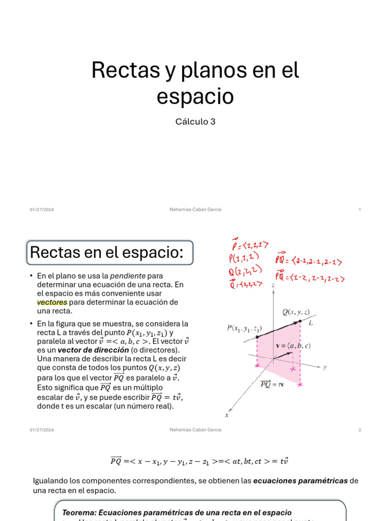 Capítulo 1 (Rectas y Planos en El Espacio) MATE3063 (P) | PDF | Línea (geometría) | Vector ...
